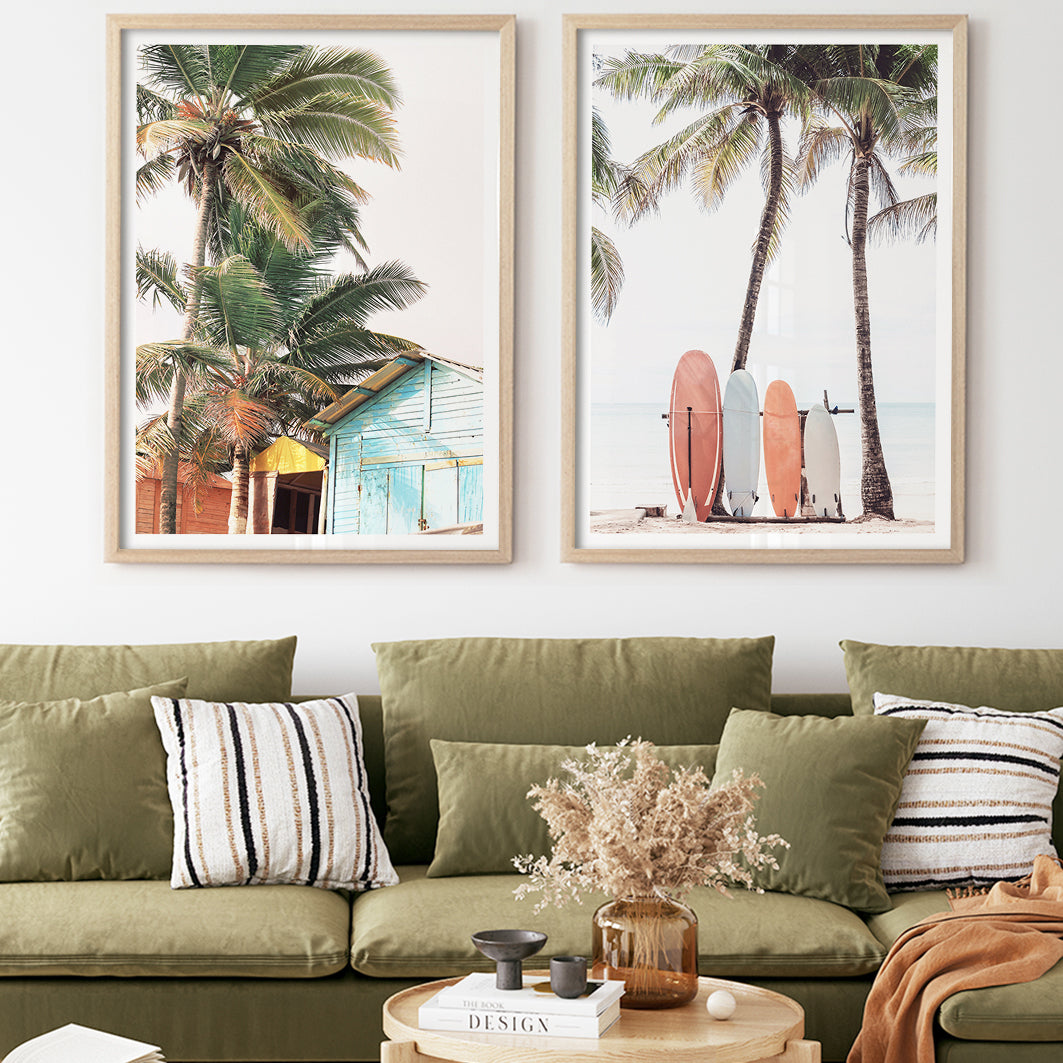 Wall Art Set of 2 Tropical Prints | Caribbean Beach Shack & Surfboards ...